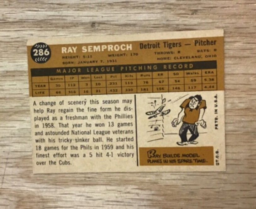 1960 Topps Baseball Ray Semproch Detroit Tigers Card #286 | eBay