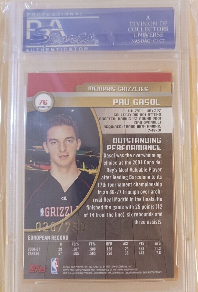 2001-02 Topps Pristine Refractor 20/750 Pau Gasol #76 PSA 10 GEM MT ...