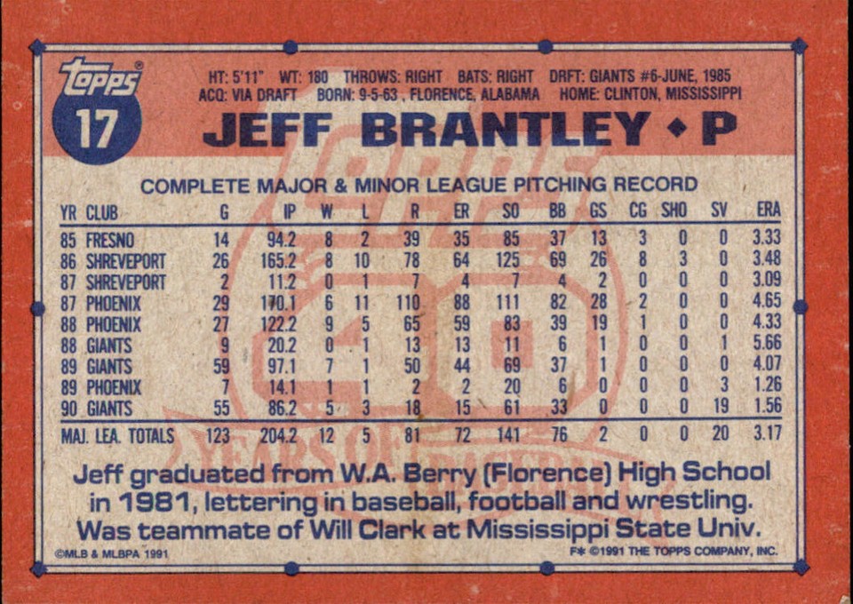 1991 Topps #17 Jeff Brantley EX | eBay