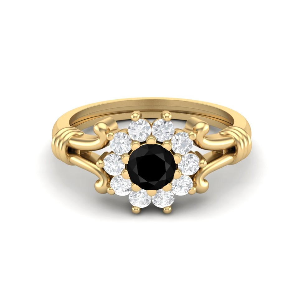 925 Sterling Silver Yellow Plated Round Black Spinel Cluster Black ...