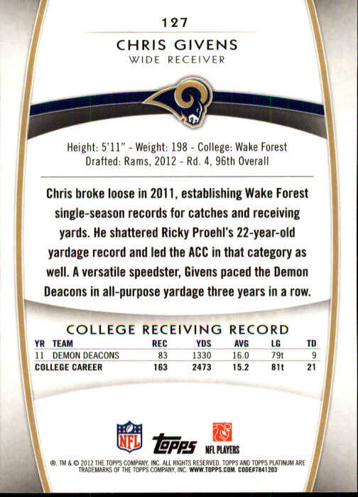 2012 Topps Platinum Football Card #127 Chris Givens Rookie | eBay