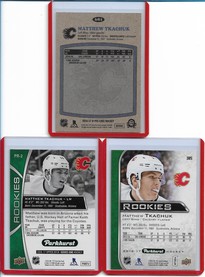 A 3-CARD LOT OF - 2016-17 OPC & PARKHURST MATTHEW TKACHUK ROOKIES!!! | eBay