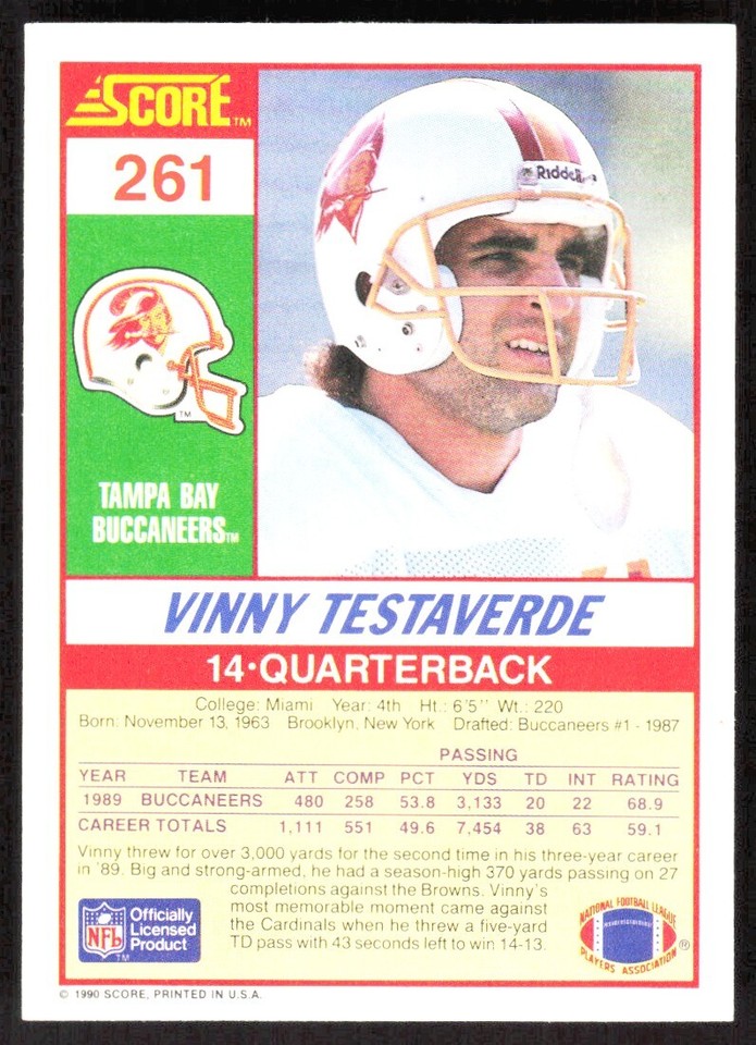 1990 2152A Score Vinny Testaverde Tampa Bay Buccaneers #261 | eBay