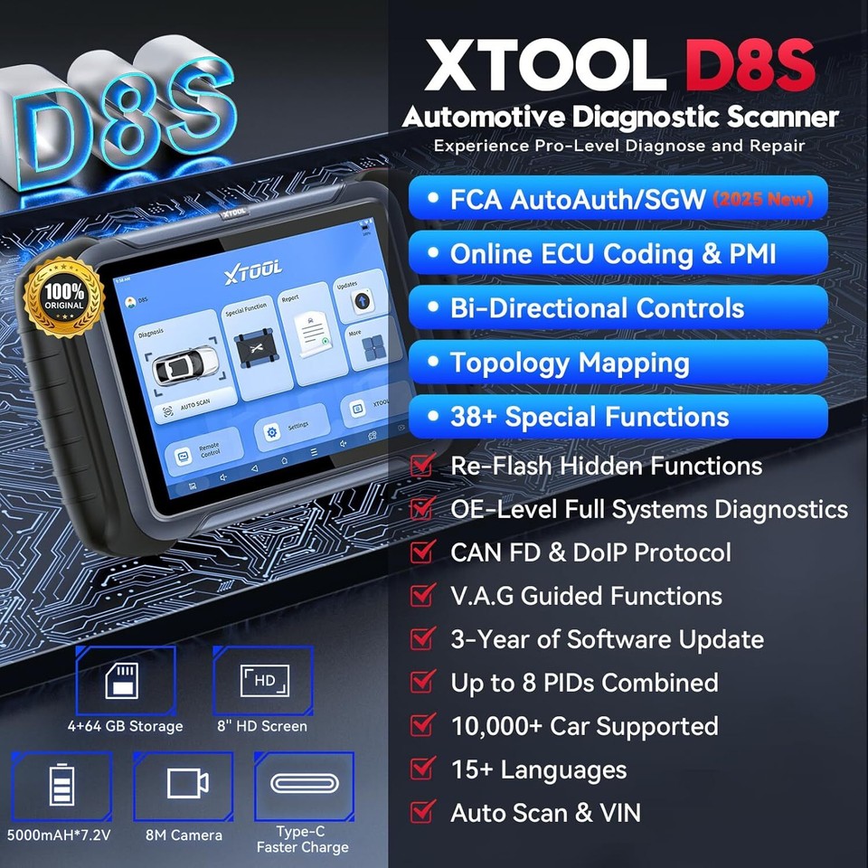 USED XTOOL D8S Bidirectional Scan Tool Topology Map ECU Coding Key ...