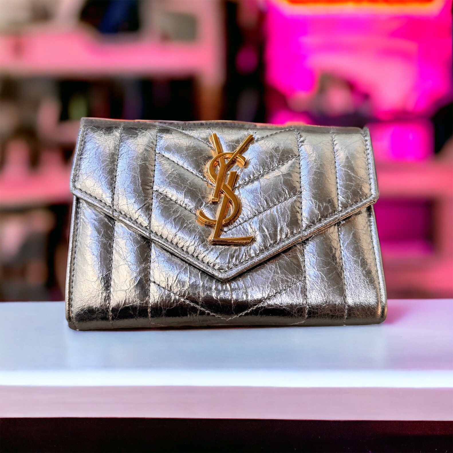 Saint Laurent YSL Matelasse Envelope Silver Metallic … - Gem