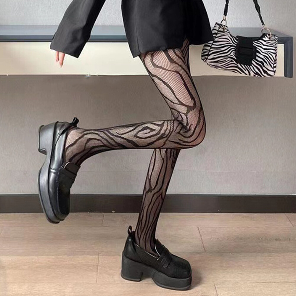 Women Flower Pattern Long Fishnet Stockings Pantyhoses Hollow Out Black ...