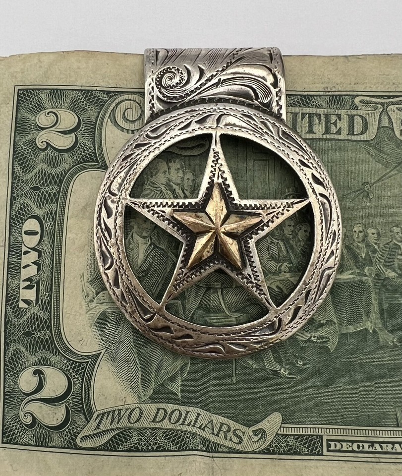Cinco Peso Coin Engraved Star Money Clip Marked IMCHAI Sterling 14K USA ...