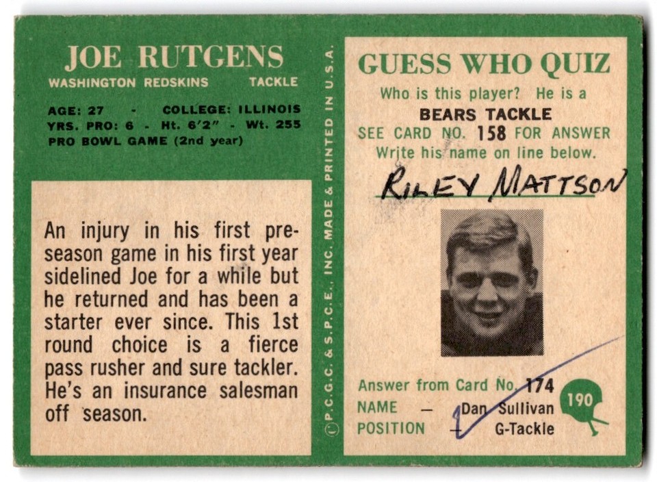 1966 Philadelphia Joe Rutgens Washington Redskins #190 | eBay
