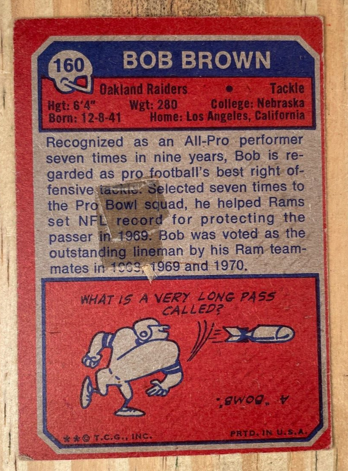 1973 TOPPS BOB BROWN CARD#160 NEBRASKA PHILADELPHIA EAGLES OAKLAND ...
