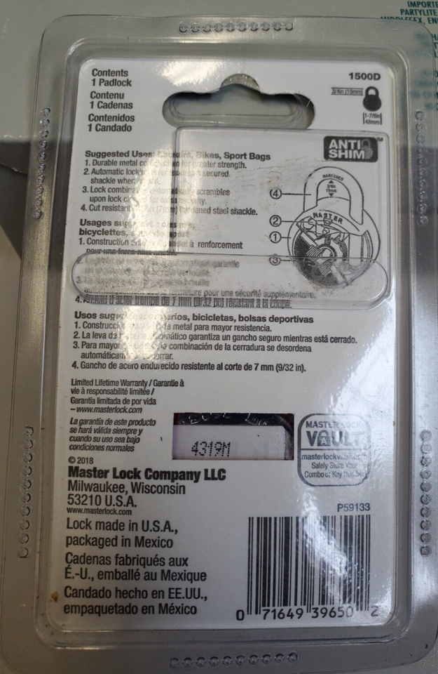 Master Lock 3-Digit Combination Padlock Steel Body Steel Lock 1500D | eBay