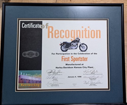 Harley Davidson Sportster Certificate of Recognition for Participation ...