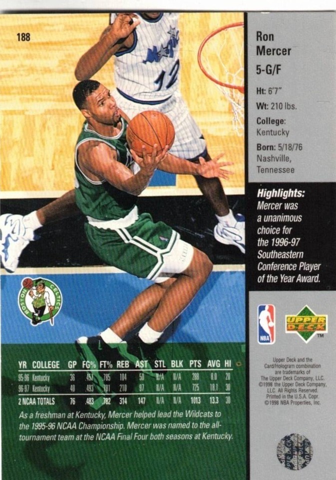 RON MERCER-G/F-BOSTON-1998 UPPER DECK #188-ROOKIE | eBay