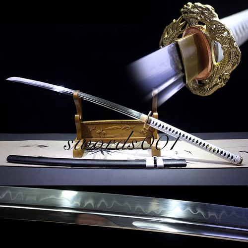 Long Handle Japanese Samurai Katana Sword T10 Steel Clay Tempered Brass ...