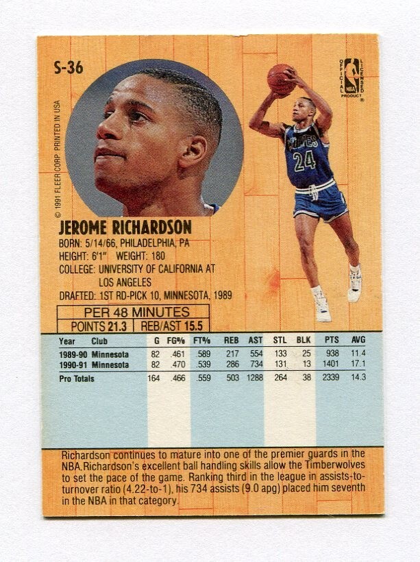 1991-92 Fleer Tony's Pizza #36 Pooh Richardson Minnesota Timberwolves ...