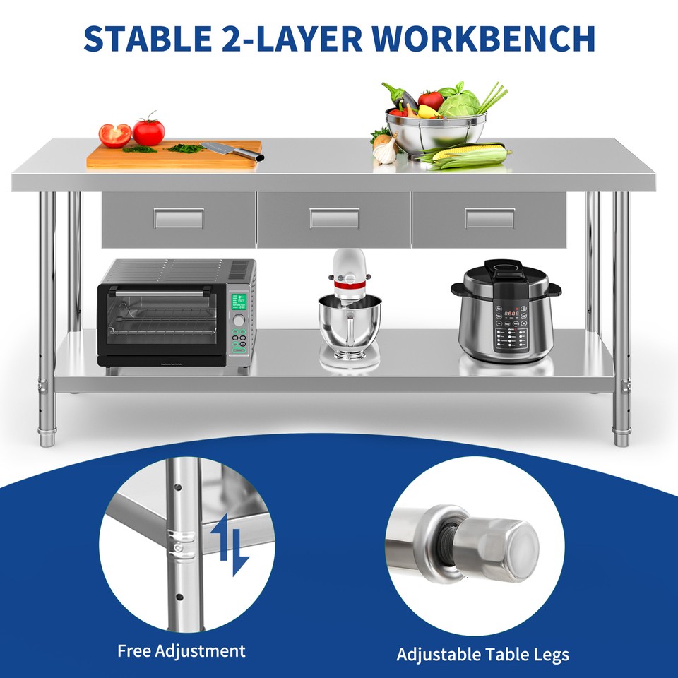 Stainless Steel Table Work Table 72"X24"Metal Table w/3 Drawers for ...