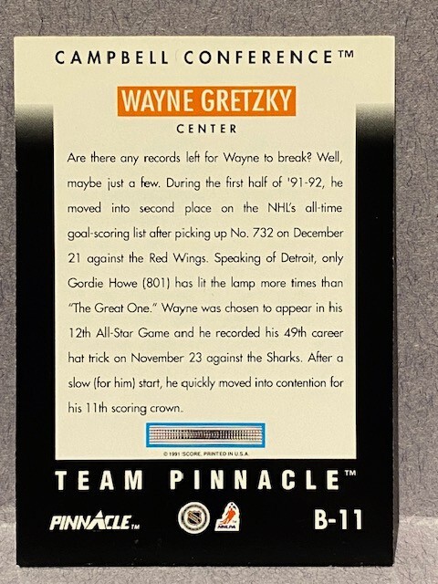 1991-92 TEAM PINNACLE WAYNE GRETZKY #B-11 | eBay