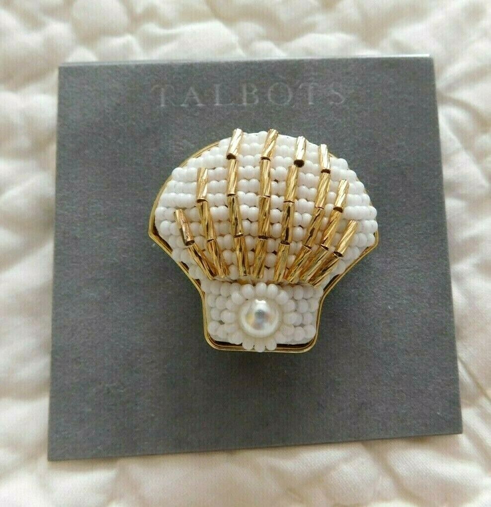 NEW TALBOTS WHITE & GOLD BEADED SHELL PEARL PIN BROOCH 1.25" LONG | eBay
