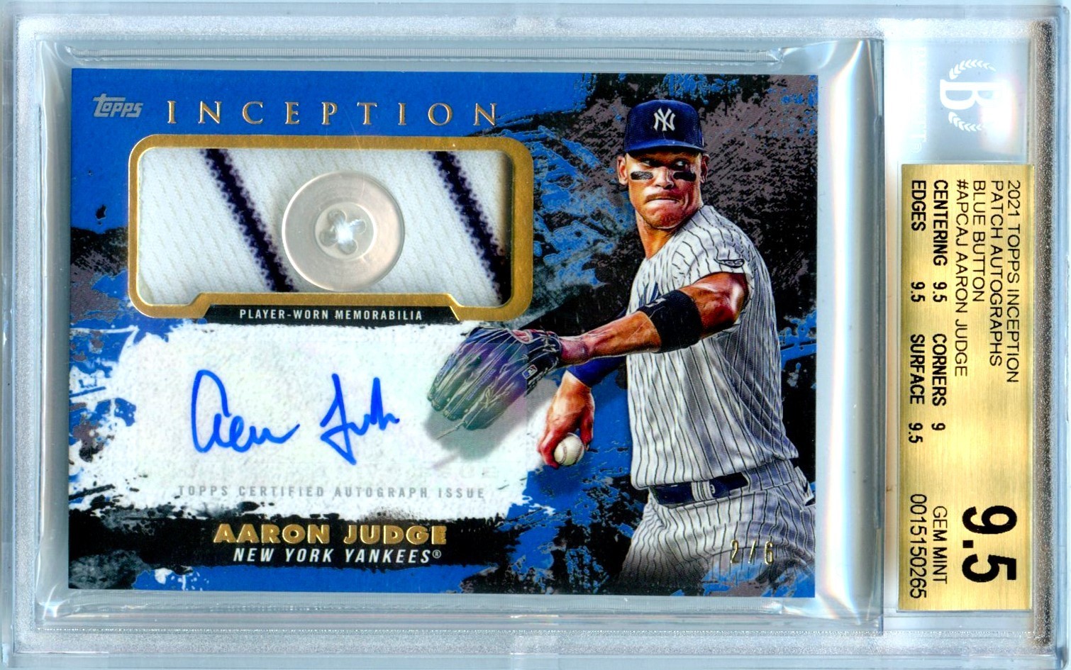 AARON JUDGE 2021 TOPPS INCEPTION BLUE BUTTON PATCH AUTO SP 2/6 BGS 9.5 ...