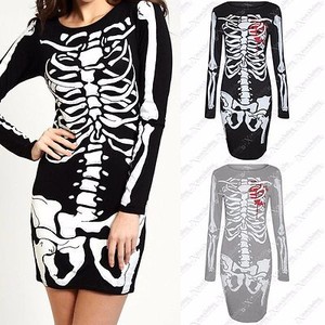 WOMENS LADIES BLACK GREY SKELETON BONES PRINT BODYCON FANCY DRESS ...