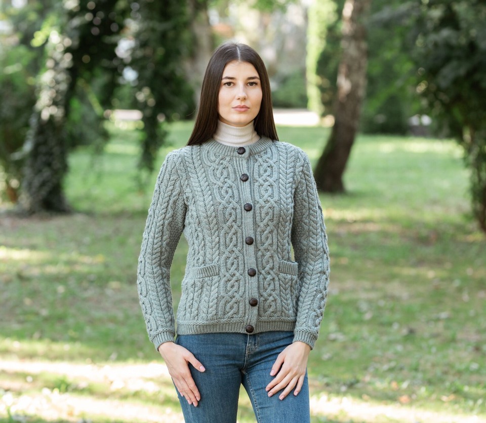 SAOL Aran Cardigan Sweater Women's 100% Merino Wool Cable Knitted ...