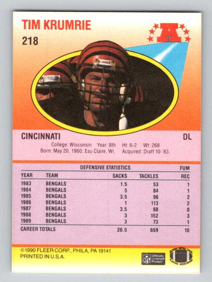 1990 Fleer #218 Tim Krumrie Cincinnati Bengals Football Card | eBay