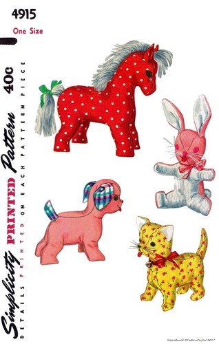STUFFED Animals DOG CAT RABBIT HORSE Toy Simplicity 4915 VTG Craft Sew ...