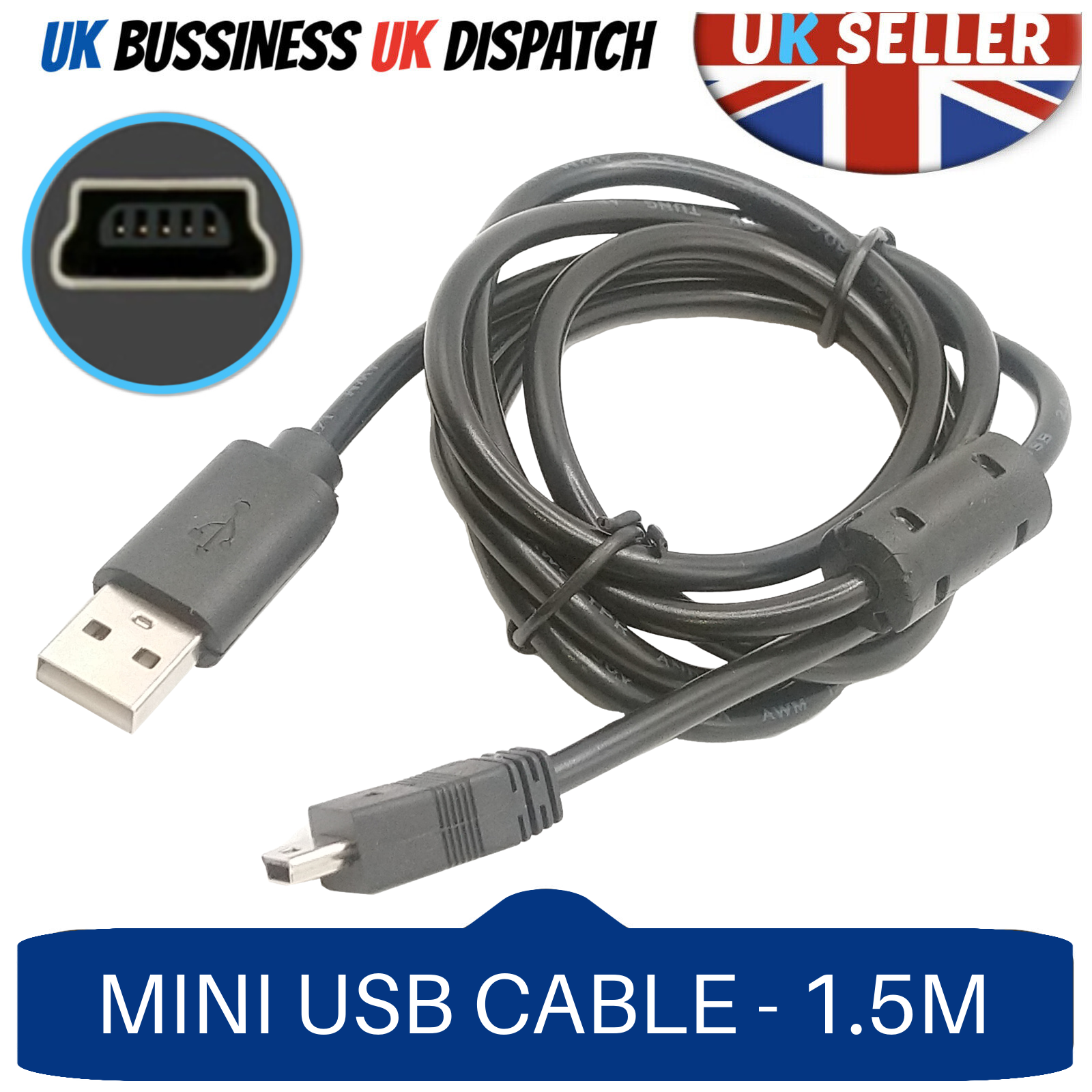 Mini USB Cable for Dash Cam Sat Nav Action Digital Camera Mobile Phone ...