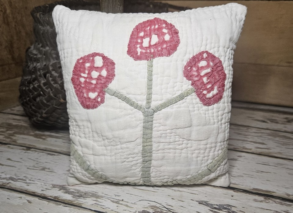 Antique Primitive Cotton Applique Quilt Pillow Red Flowers | eBay