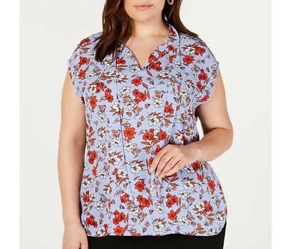 Bar III Womens Plus 3X Blue Red Hydrangea Multi Floral Print Tie Neck ...