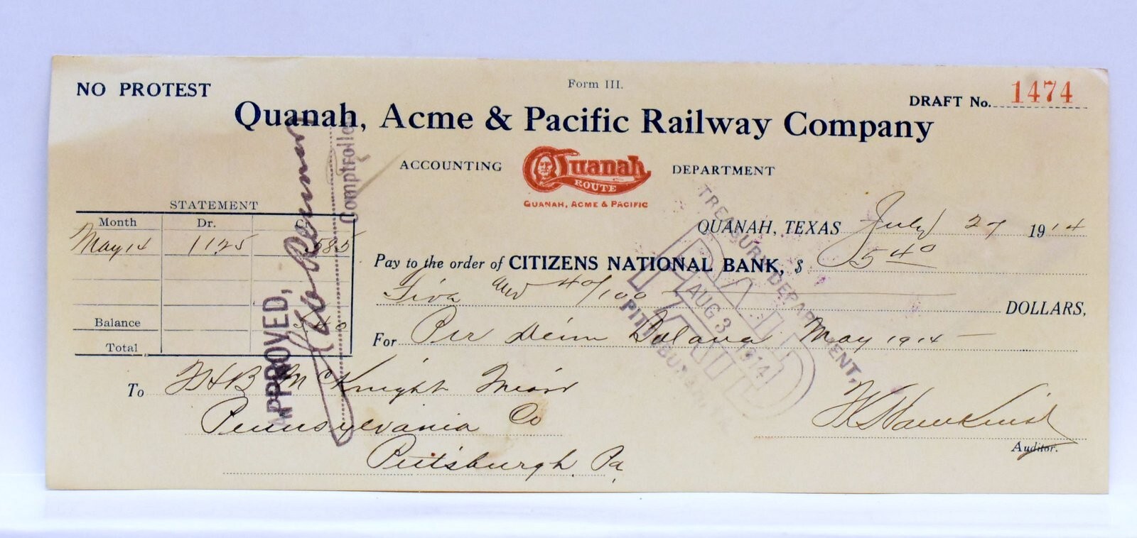 Quanah Acme & Pacific Railway Texas 1914 Antique Bank Check | eBay