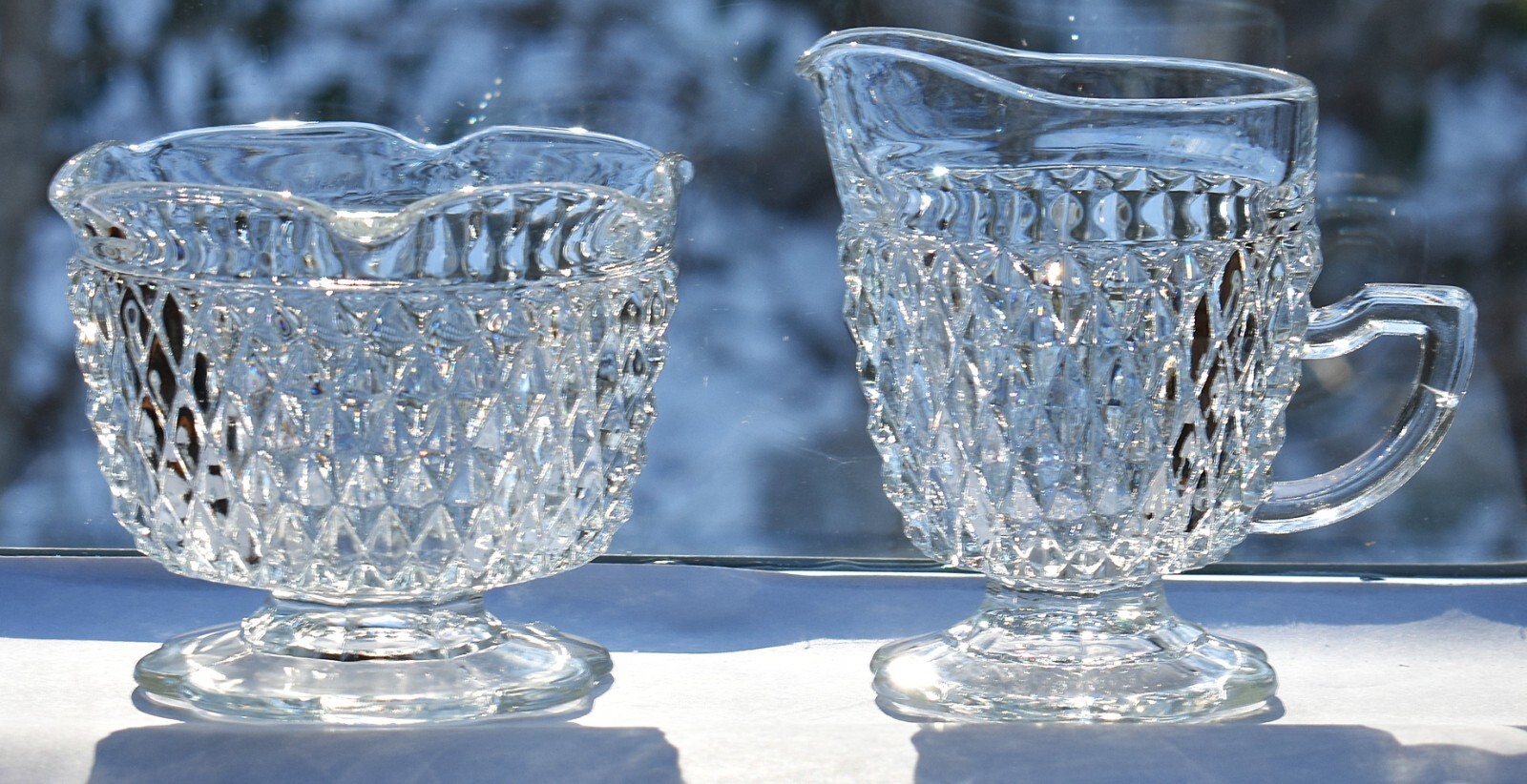 Antique Pressed Cut Crystal Glass Diamond Point Sugar Bowl Cream ...