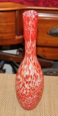 Tall Art Glass Vase Bowling Pin Shape Vase Red White Swirls Long Neck ...