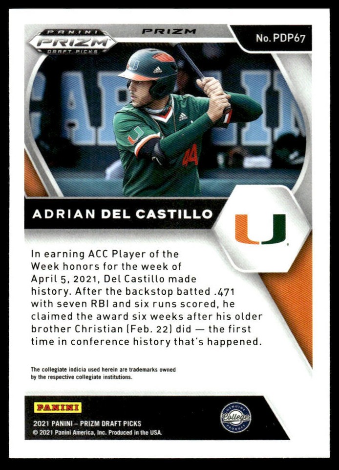 Adrian Del Castillo 2021 Panini Prizm Draft Picks #PDP67 Silver Prizm ...