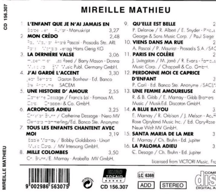 CD Mireille MATHIEU - Acropolis Adieu A Blue Bayou La Paloma Adieu 16T ...