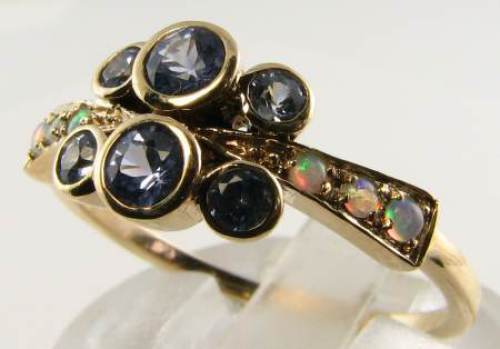 RARE 9K 9CT GOLD CEYLON SAPPHIRE & OPAL ART DECO INS RING FREE RESIZE ...