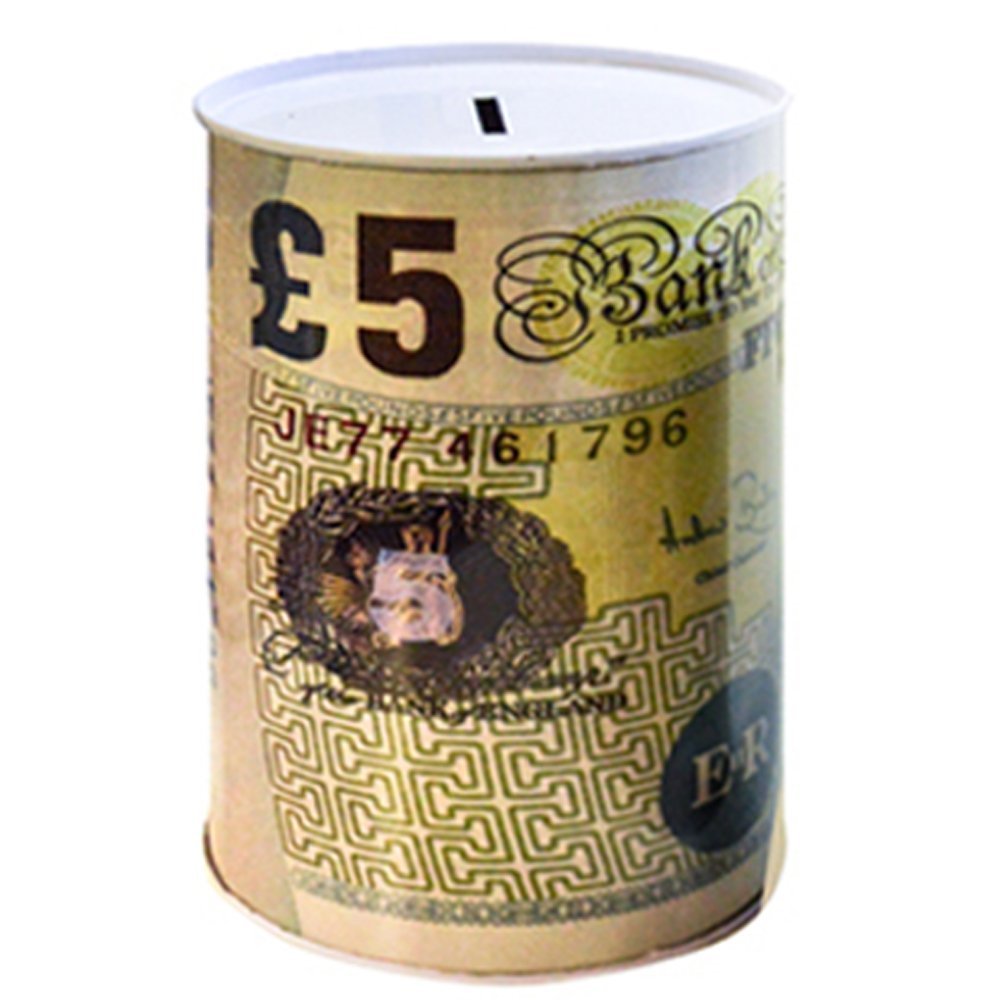 Money Saving Tin Piggy Bank Coin Box Tin 10cm x 16cm design £5 £10 £20 ...