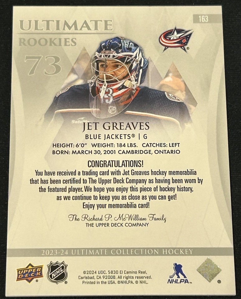 2023-24 Ultimate Collection Hockey Ultimate Rookies Jersey /599 Jet ...
