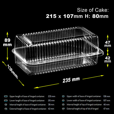 10-300 Plastic Disposable Clear Boxes Food, CAKE SIZE - 215mm/ 107mm ...