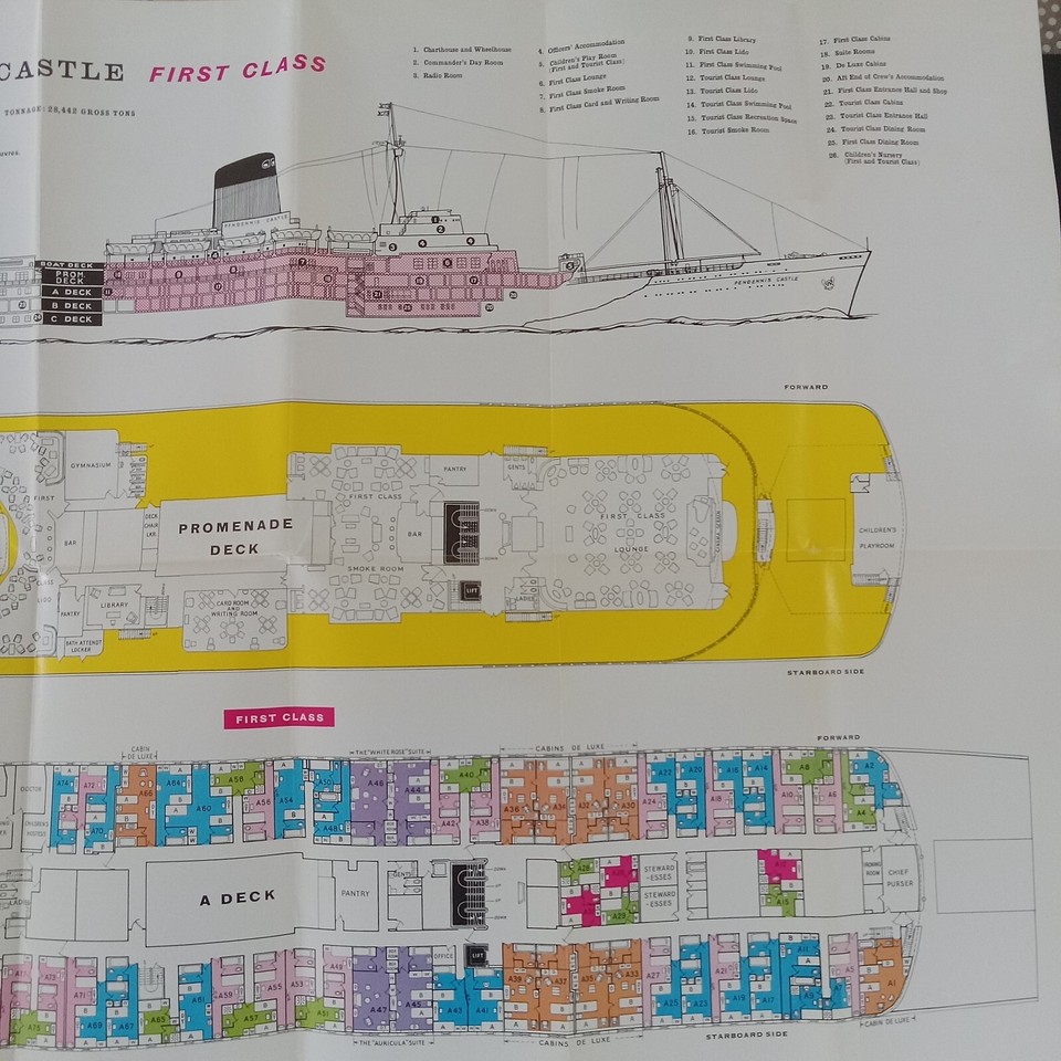RMS PENDENNIS CASTLE Union Castle Cruise Passenger Accommodation Deck ...