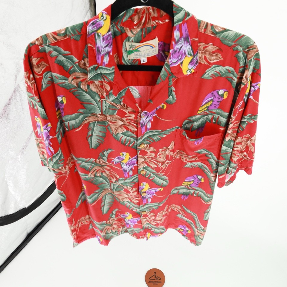 Paradise Found Hawaiian Aloha Shirt Large Red Jungle Bird Magnum PI USA ...