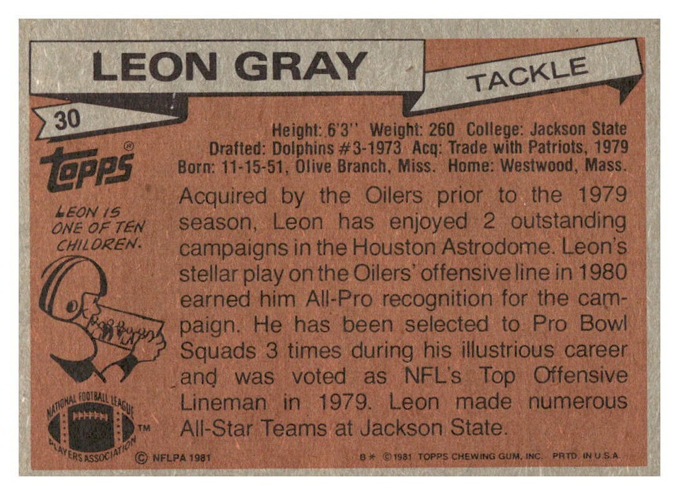 1981 Topps #30 Leon Gray Houston Oilers AP Football Card VG/EX | eBay