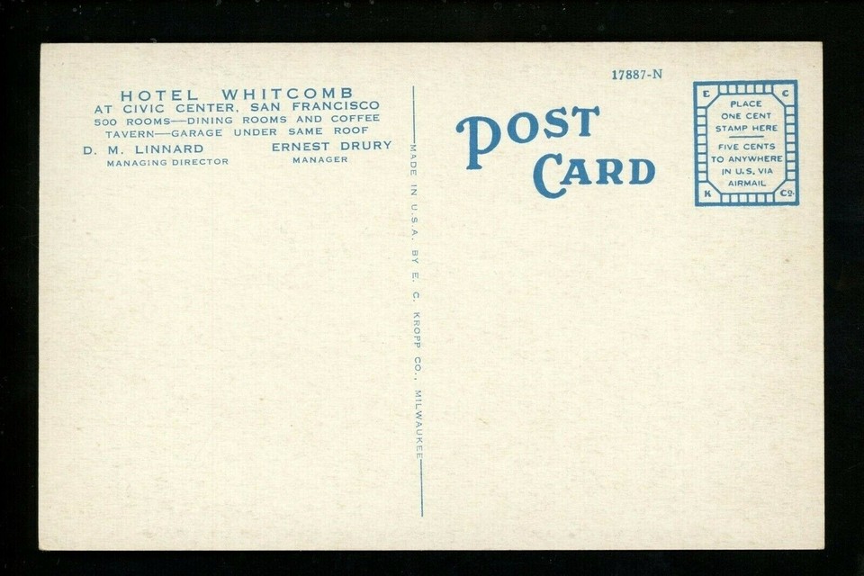 California, CA postcard Hotel Whitcomb San Francisco Civic Center | eBay