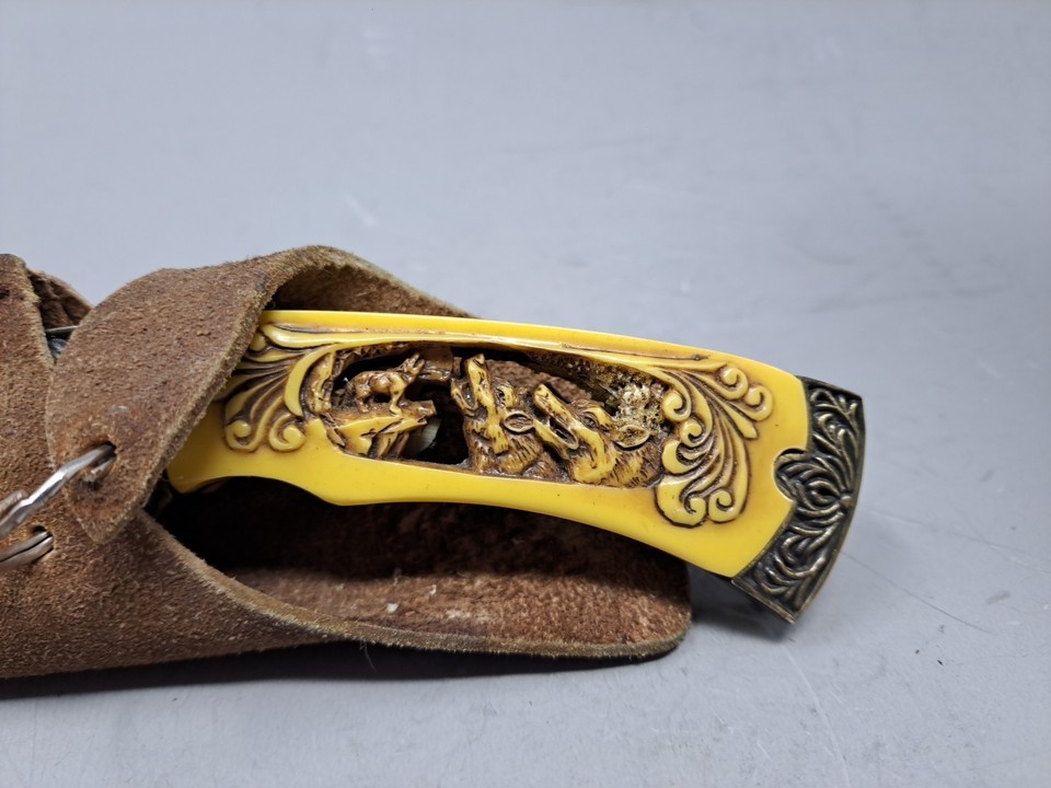 Carved Wolf Handle Fixed Blade Knife Etched Blade Handmade Leather ...