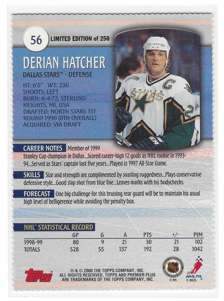 Derian Hatcher 1999-00 Topps Premier Plus Foil Parallel #56 PR250 ...