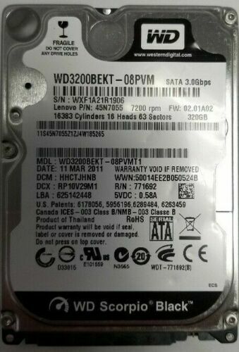 WD3200BEKT-08PVM Western Digital Black 320GB 7200 RPM 2.5" SATA Hard ...