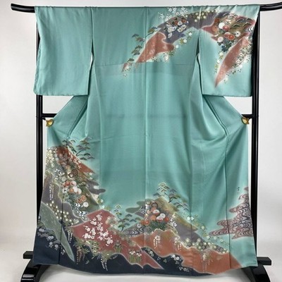 Japanese Silk Houmongi Kimono M 166.5cm Blue-green Grass and flowers ...