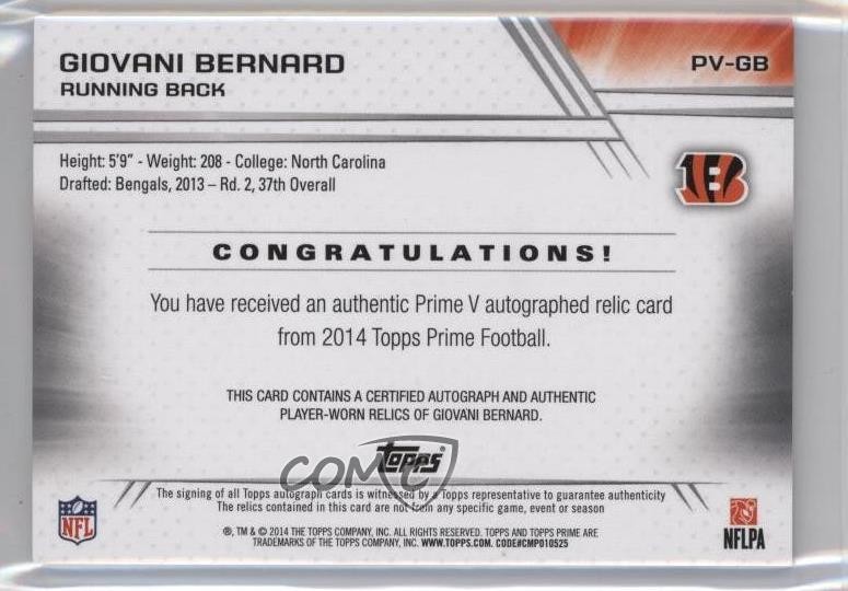 2014 Topps Prime Level 5 Auto Relic Giovani Bernard #PV-GB Auto 0w3 | eBay