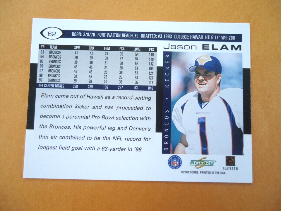 Jason Elam - 2000 Score Autographed Football card #62 - Denver Broncos ...