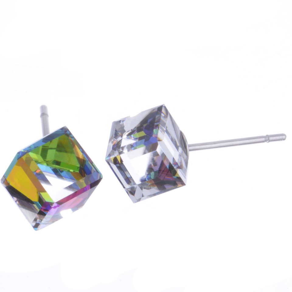 Men's Women's Iced Crystal 3D Cube Push Back Post Earrings Mulity | eBay