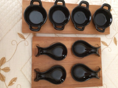 Canape Sets - 4 Ceramic Mini Dishes and 4 Ceramic Mini Spoons on Bamboo ...